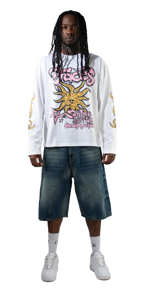 Loose Fit Jort (Denim Shorts) with Pink Back Print - Blue - FACES