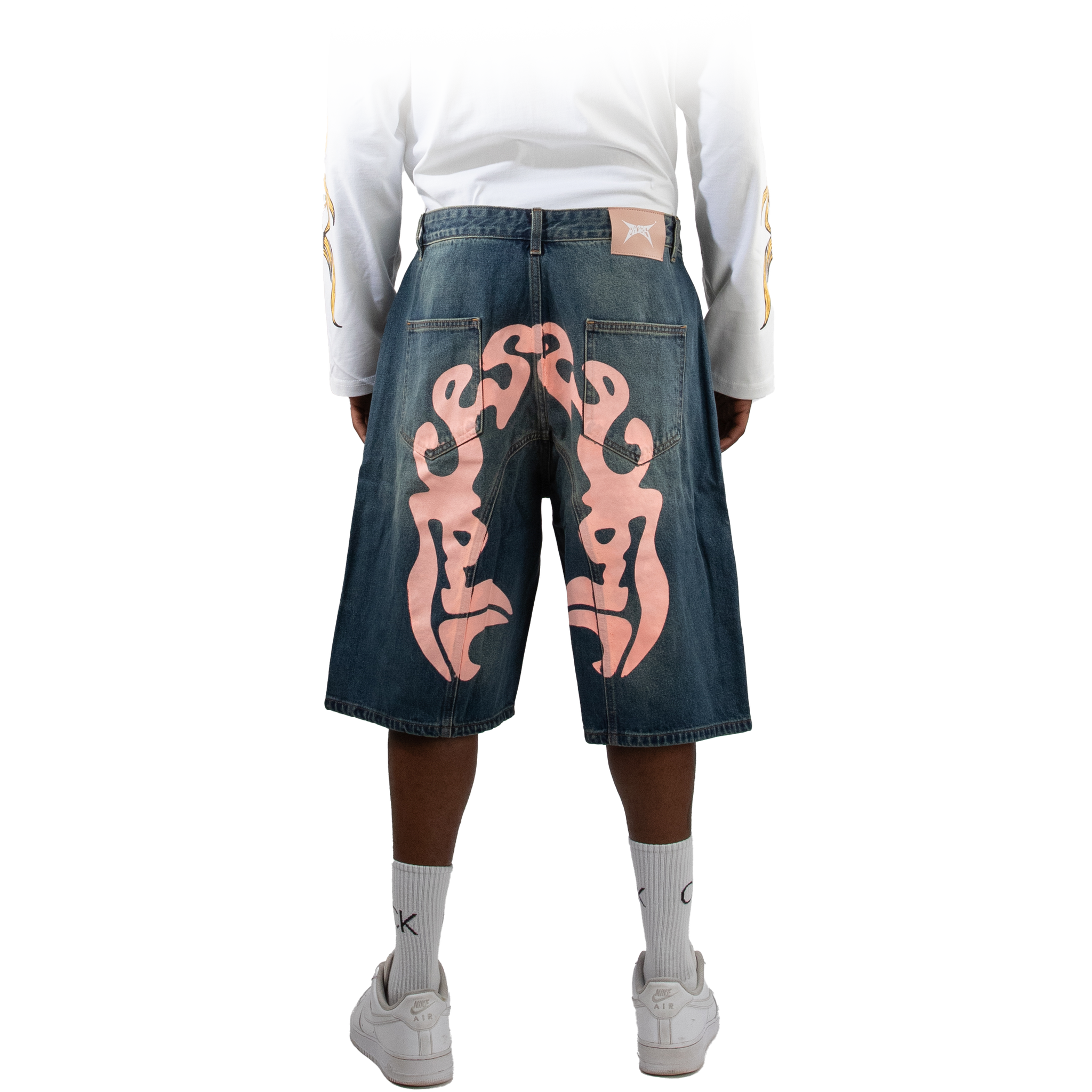Loose Fit Jort (Denim Shorts) with Pink Back Print - Blue - FACES