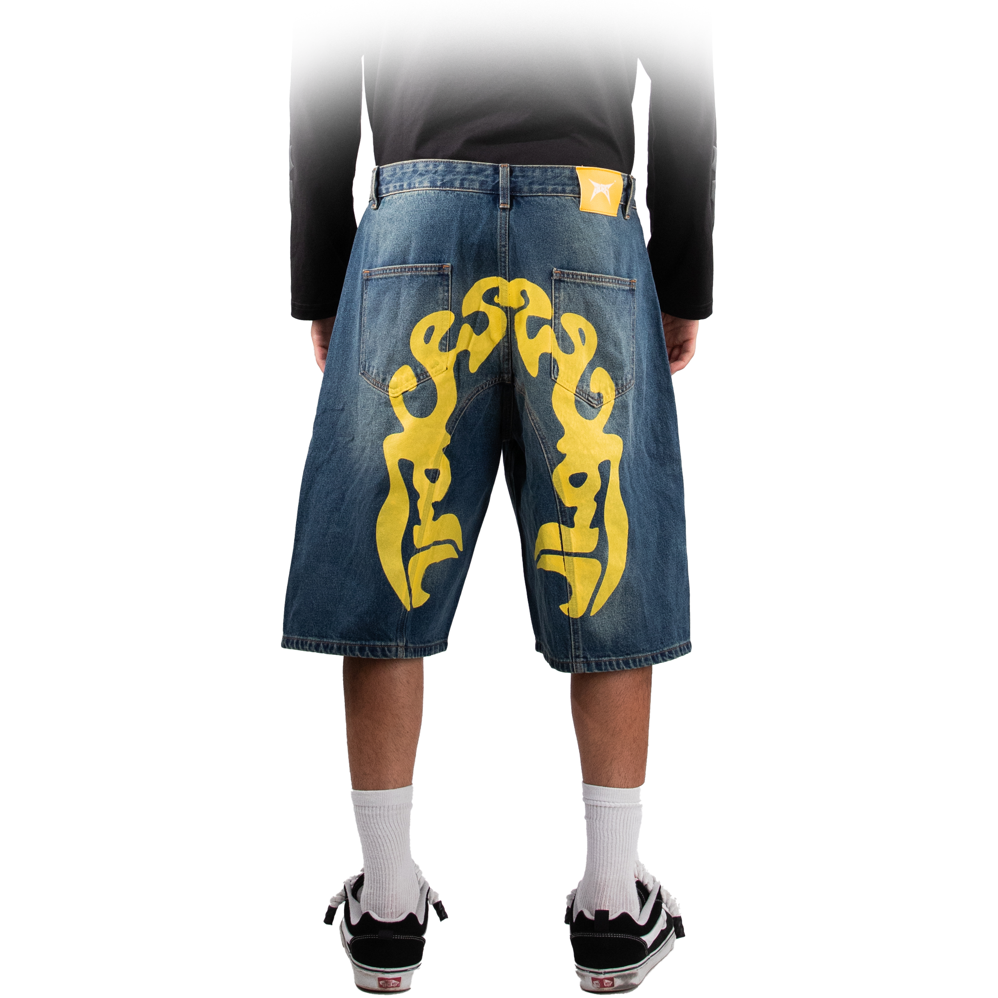 Loose Fit Jort (Denim Shorts) with Yellow Back Print - Blue - FACES
